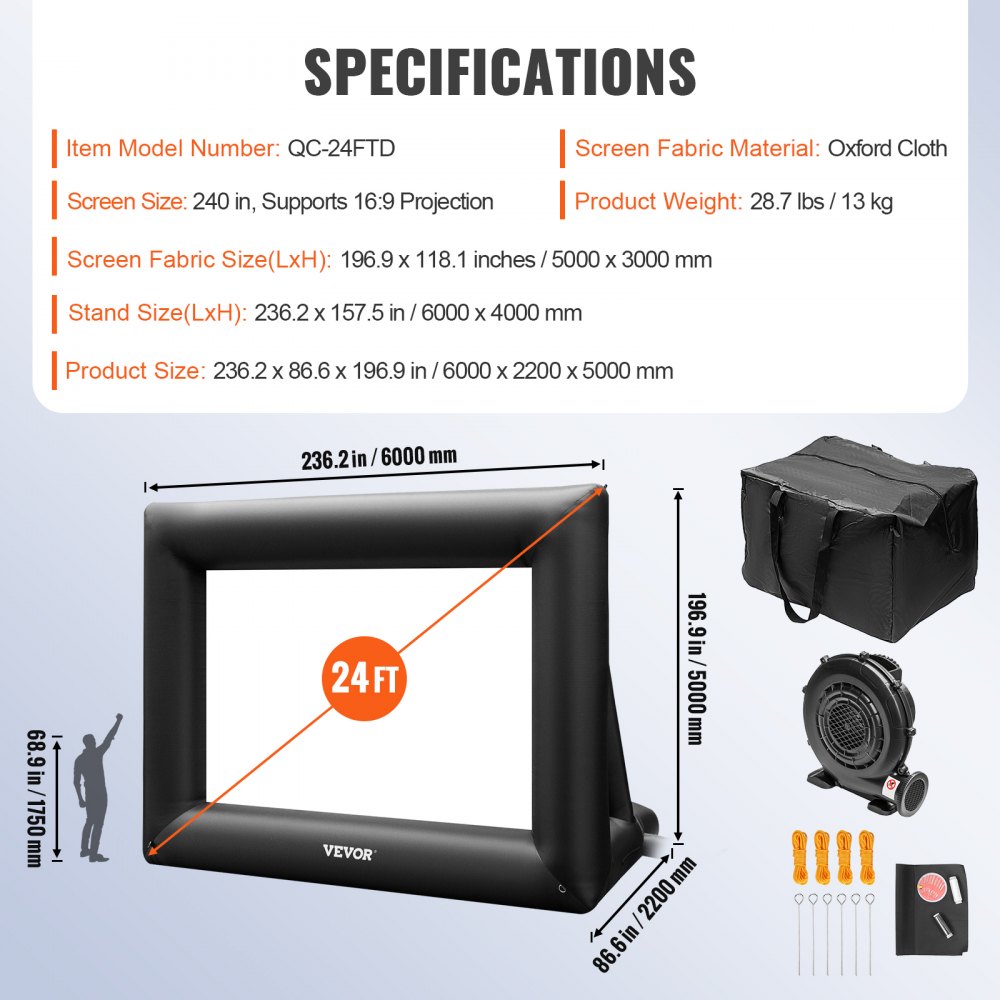 VEVOR Inflatable Movie Screen 24FT（288inch） Inflatable Projector Screen ...