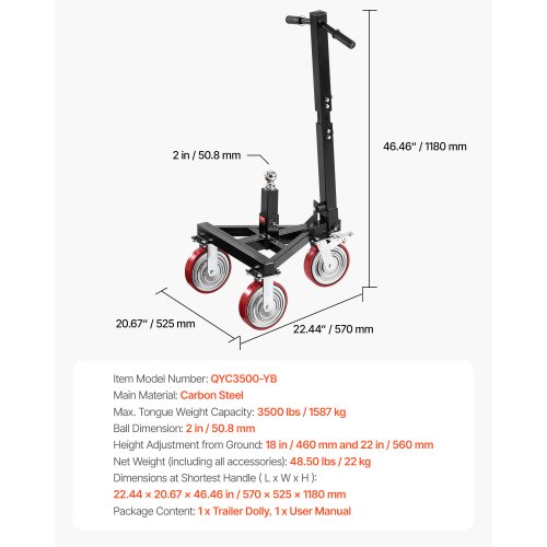 VEVOR Trailer Dolly, 3500lbs Tongue Weight Capacity, 18 inch and 22 ...
