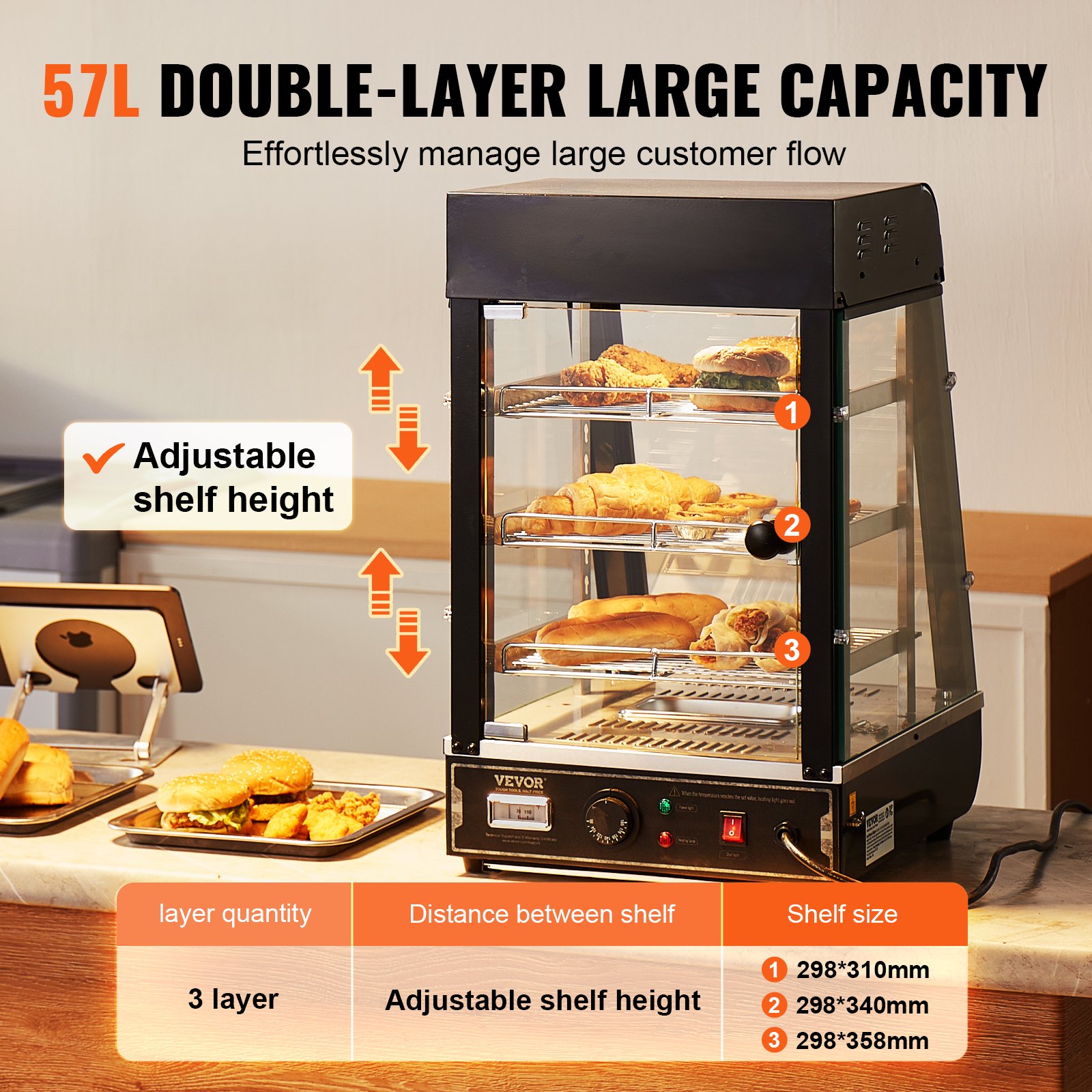 VEVOR 3-Tier Commercial Food Warmer Display Countertop Pizza Cabinet ...