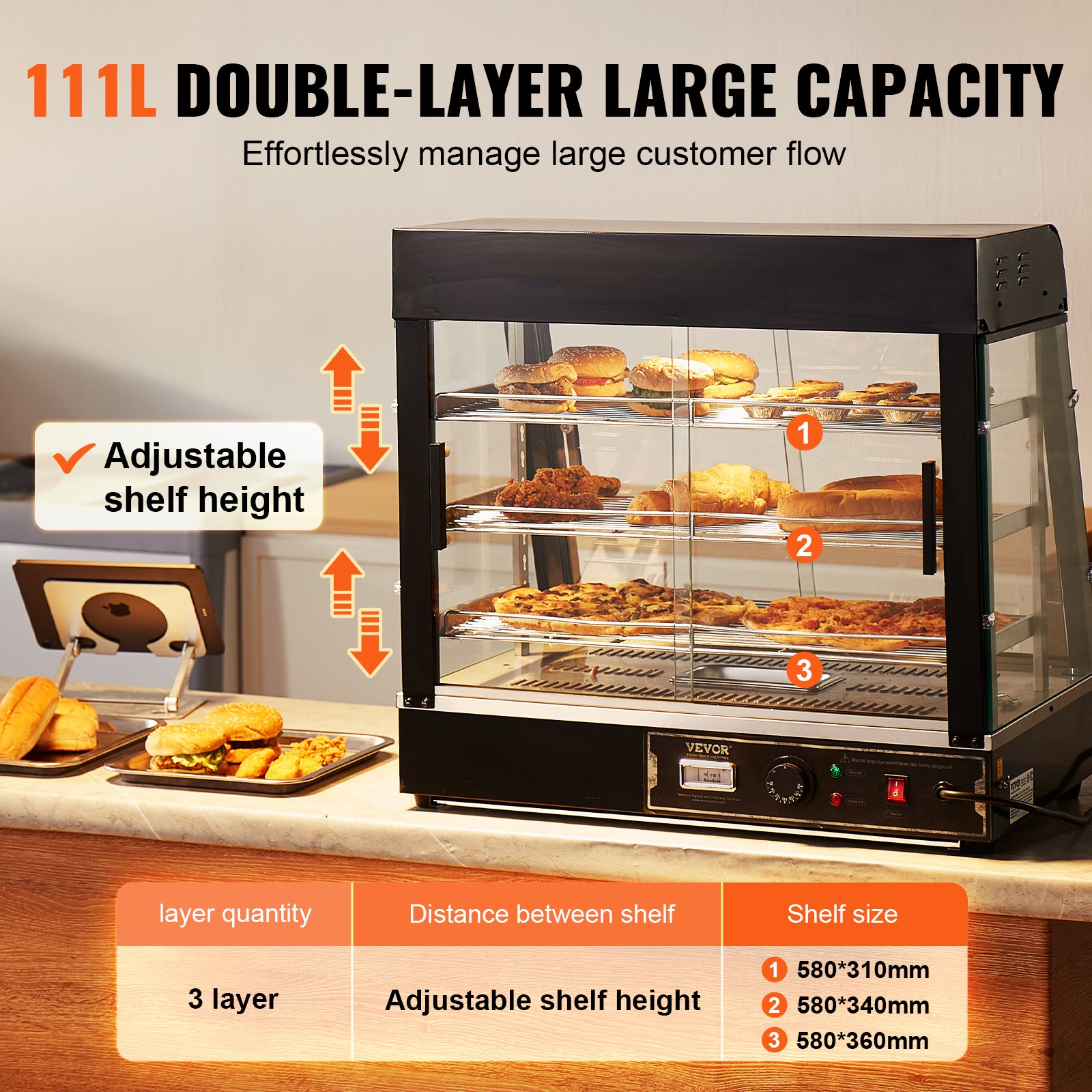 VEVOR 3-Tier Commercial Food Warmer Display Countertop Pizza Cabinet ...