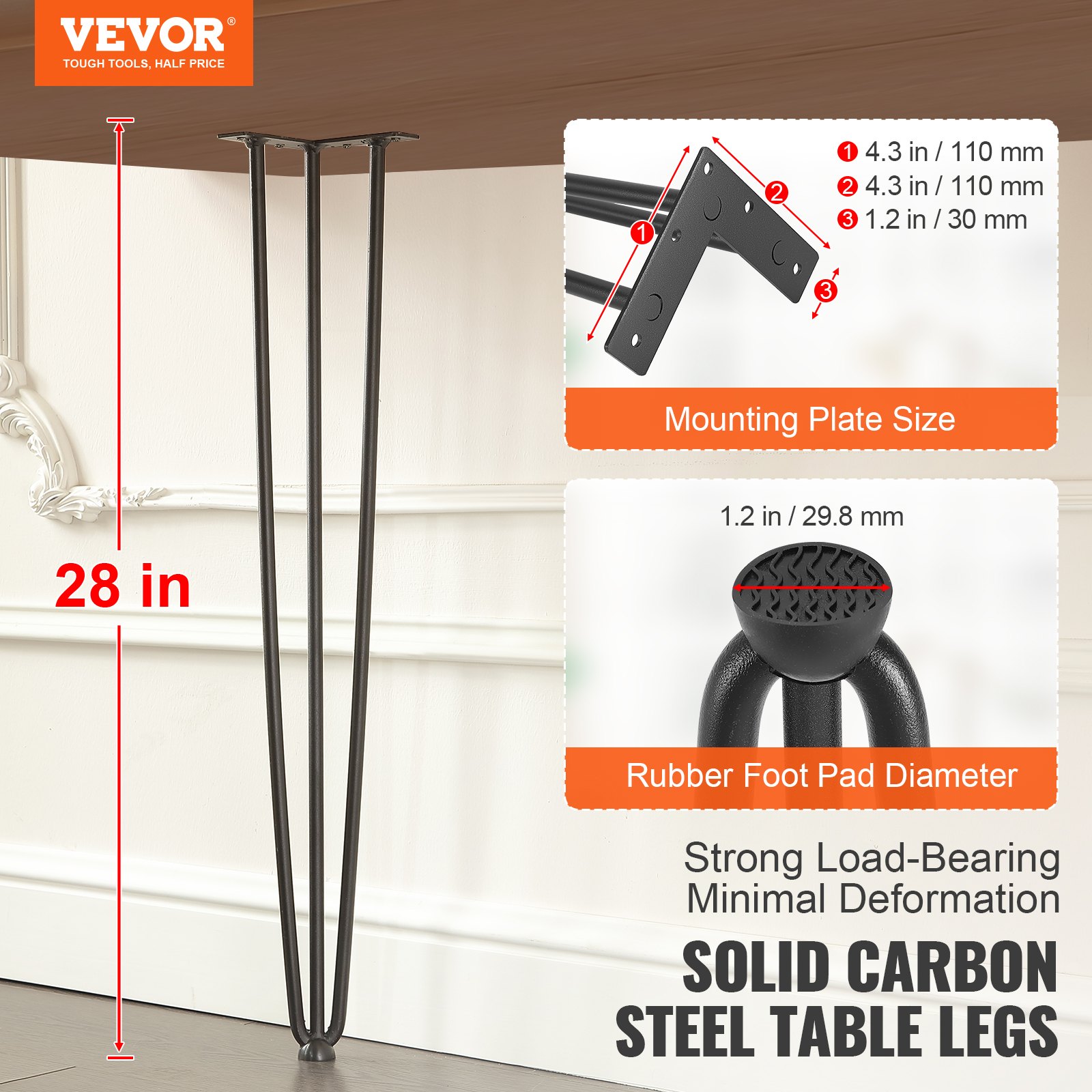 VEVOR Hairpin Table Legs 28", Set of 4 Desk Legs 900lbs Load Capacity ...