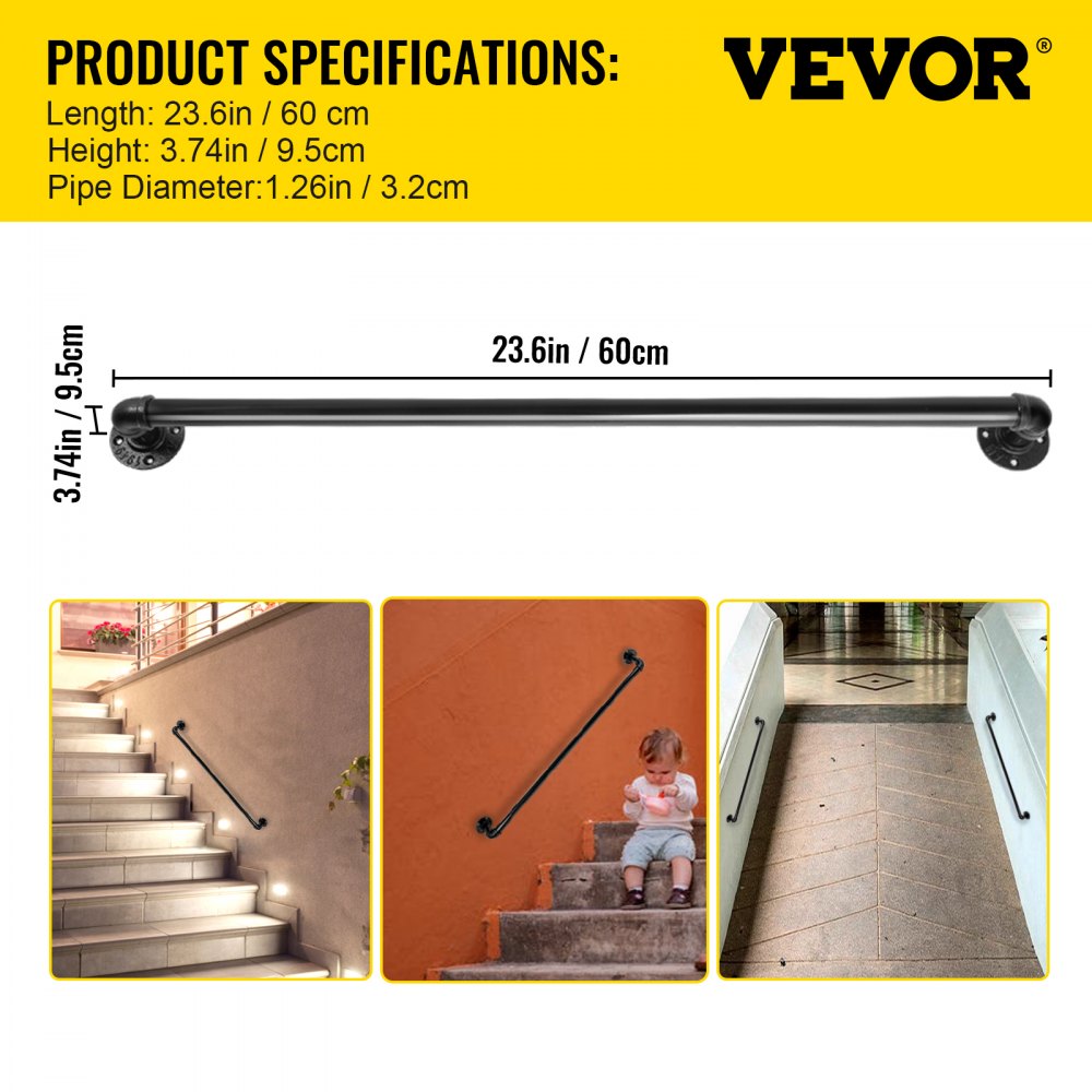 VEVOR Pipe Stair Handrail, 2FT Staircase Handrail, 440LBS Load Capacity ...