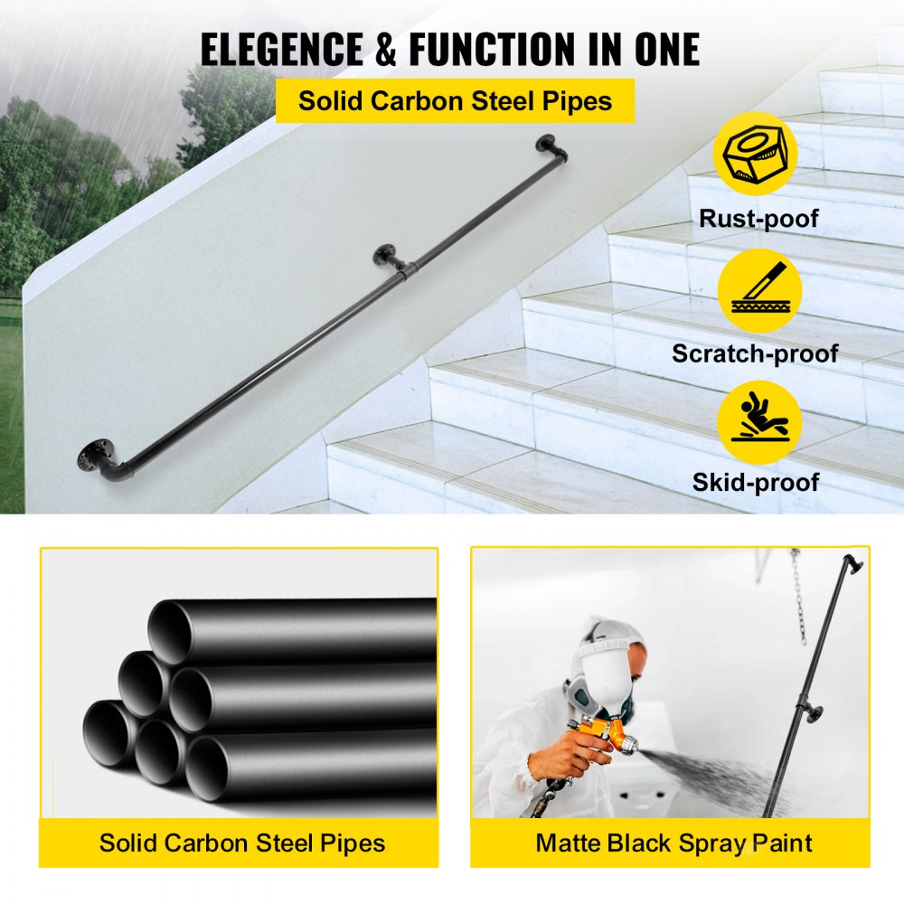VEVOR Pipe Stair Handrail, 5FT Staircase Handrail, 440LBS Load Capacity ...