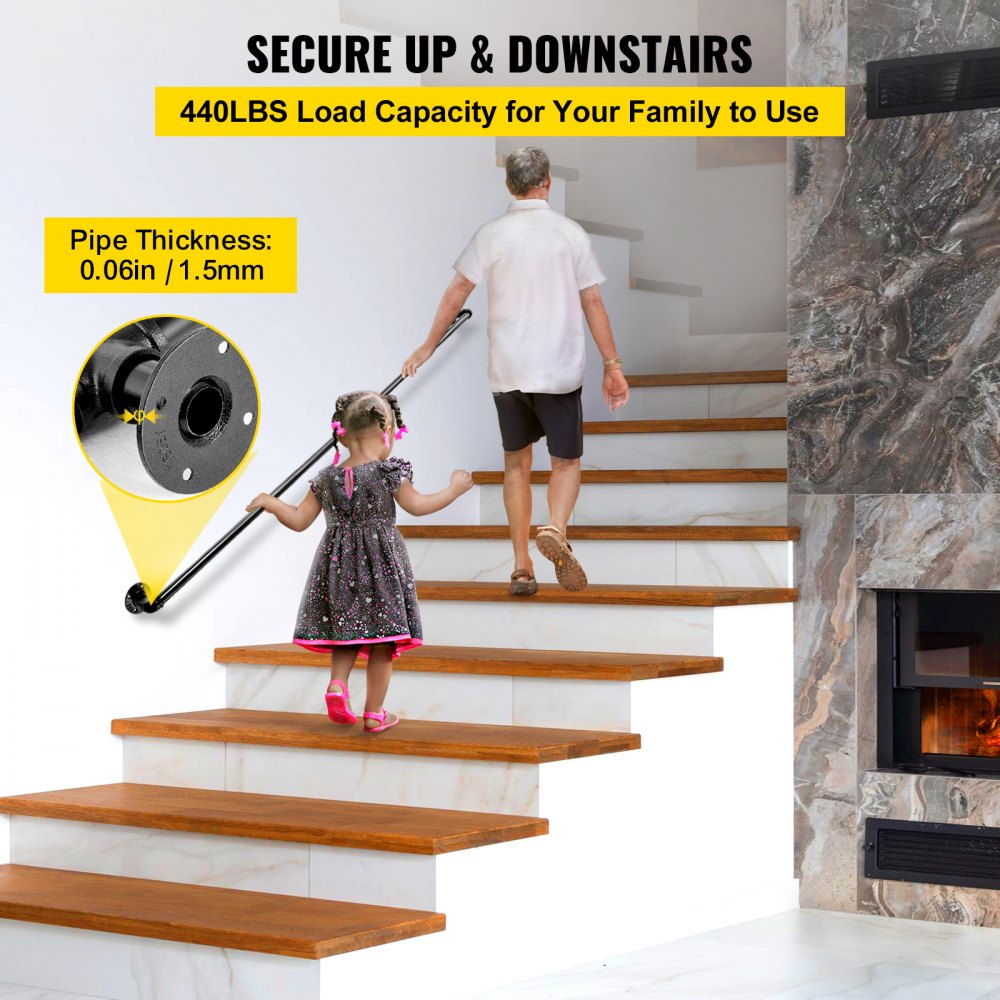VEVOR Pipe Stair Handrail, 6FT Staircase Handrail, 440LBS Load Capacity ...