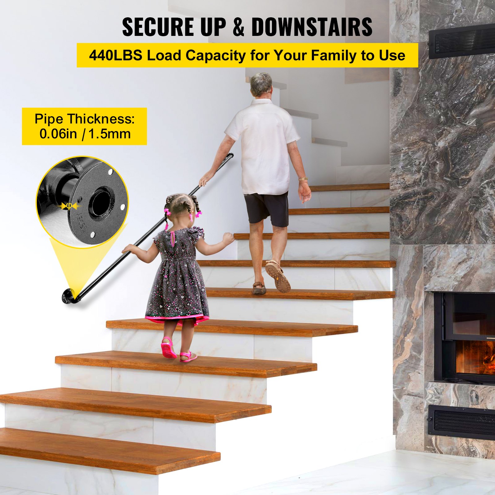 VEVOR Pipe Stair Handrail, 7FT Staircase Handrail, 440LBS Load Capacity ...