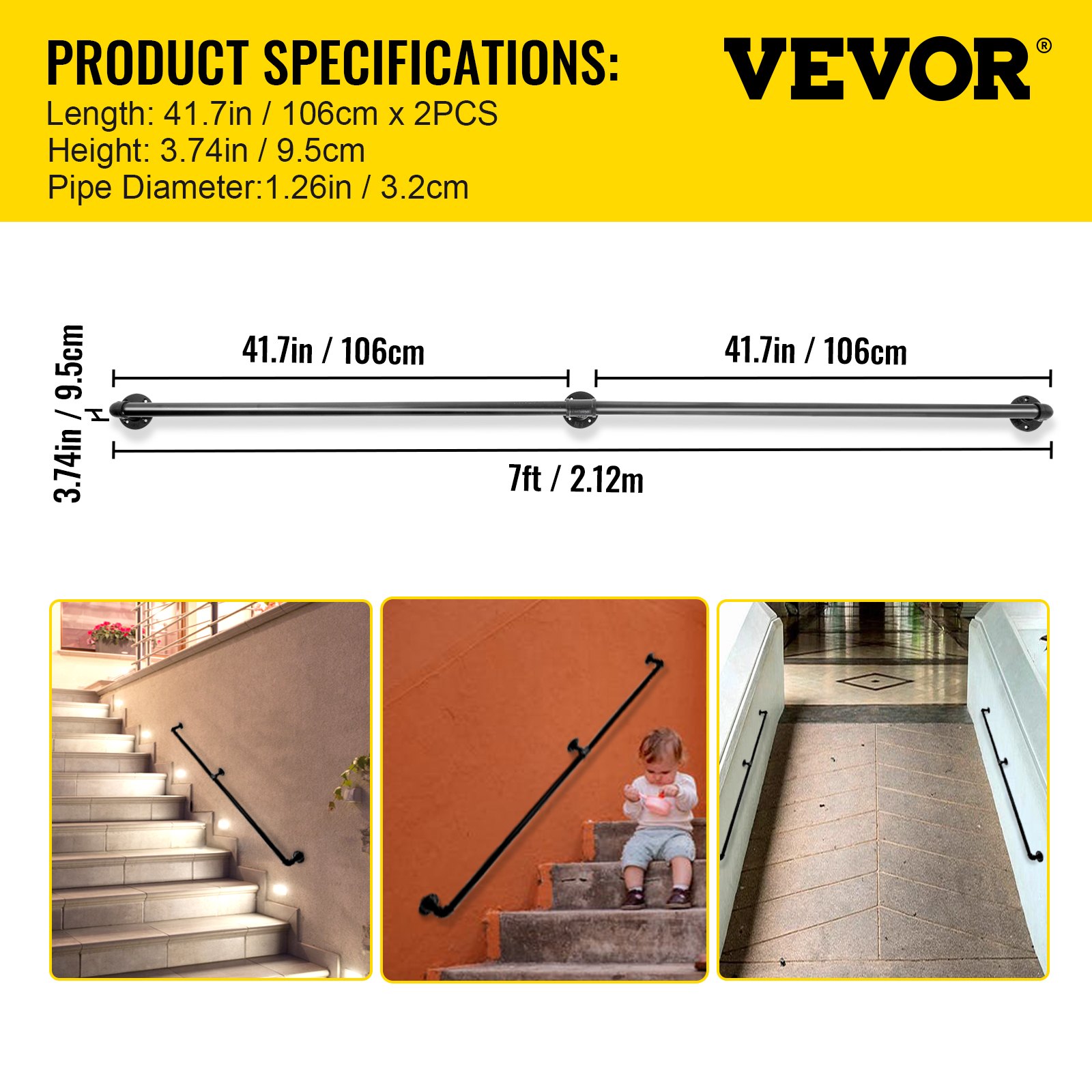 VEVOR Pipe Stair Handrail, 7FT Staircase Handrail, 440LBS Load Capacity ...
