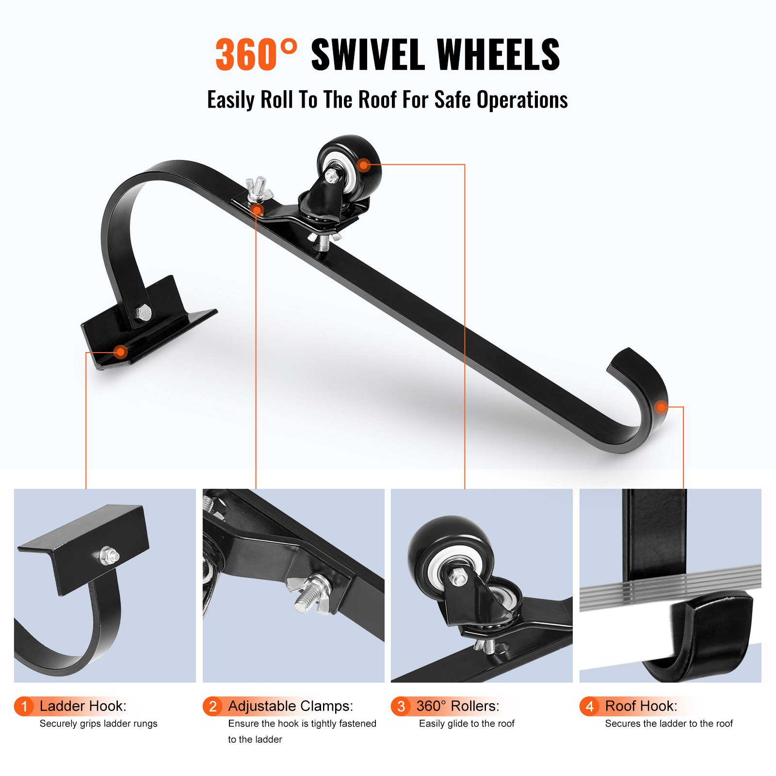 VEVOR Ladder Roof Hook Stabilizer 2 Pack with Fixed Wheel & Swivel Bar ...