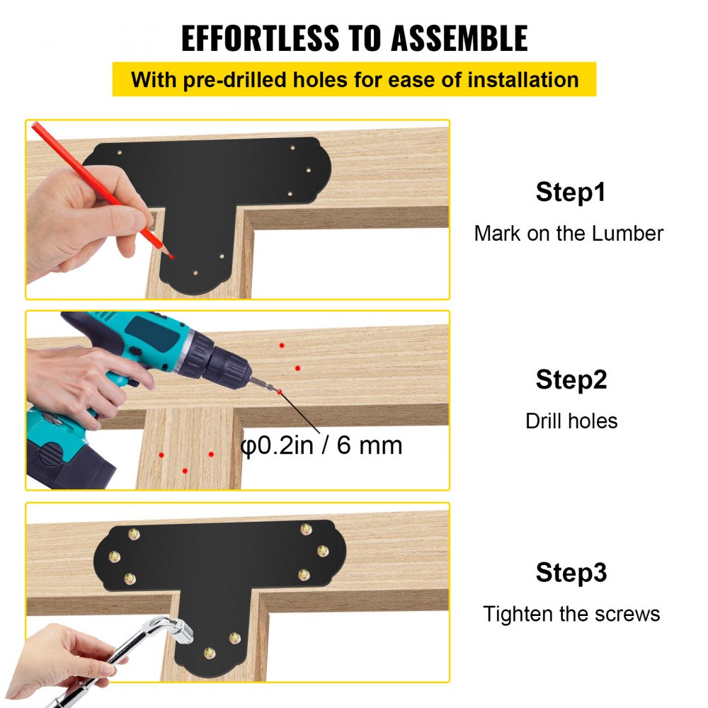 VEVOR Black T Bracket, 6'' x 6'', 8 PCs Black Powder-Coated T Mending ...