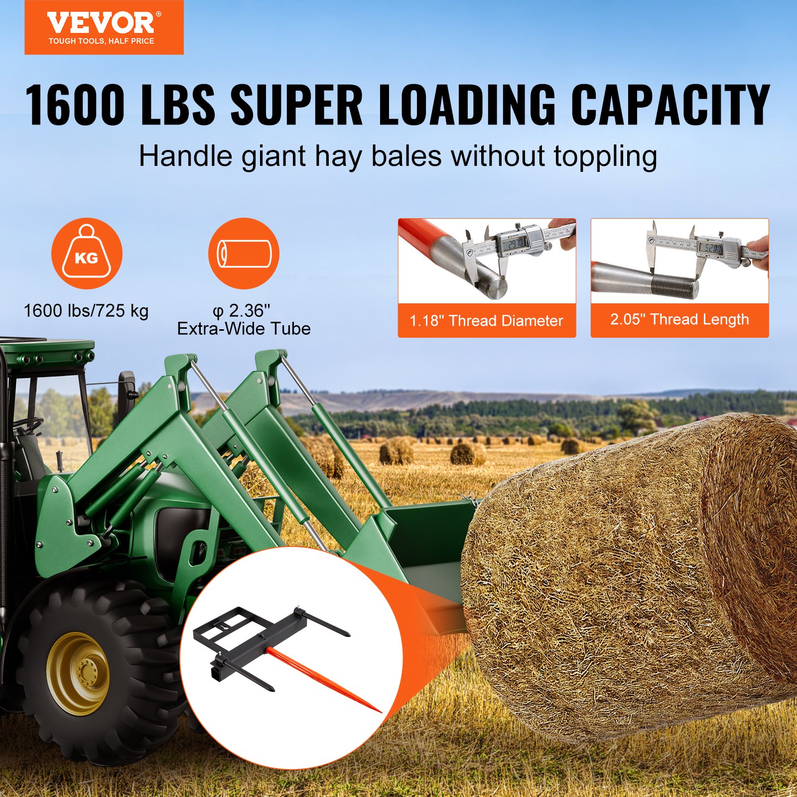 VEVOR 39" Hay Spear, Bale Spears 1600lbs Loading Capacity, Skid Steer ...