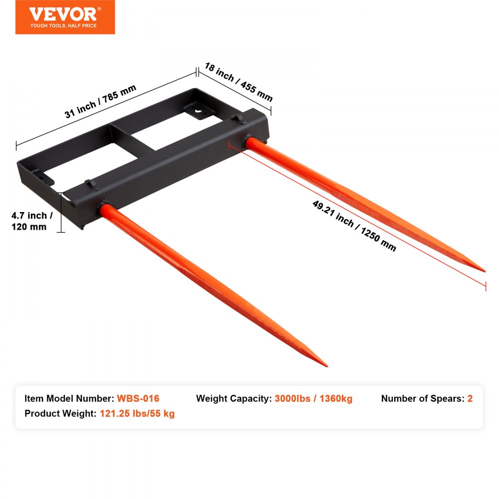 VEVOR 49" Hay Spear, Bale Spears 3000lbs Loading Capacity, Skid Steer ...