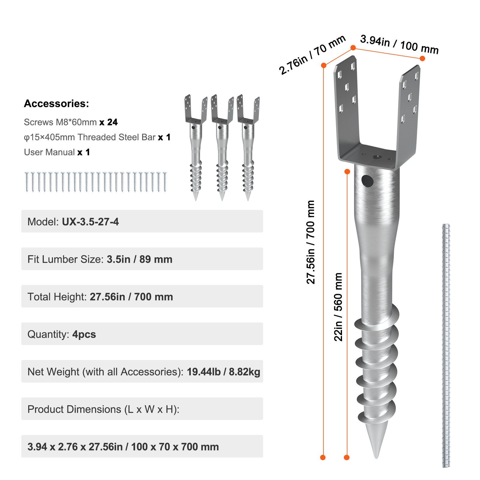 VEVOR No Dig Ground Anchor, 4 Pack 3.94 x 2.76 x 27.56 in DIY Screw in ...