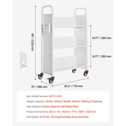 VEVOR 3-Tier Rolling Book Cart Single Sided V-Shaped Shelves Book Truck ...