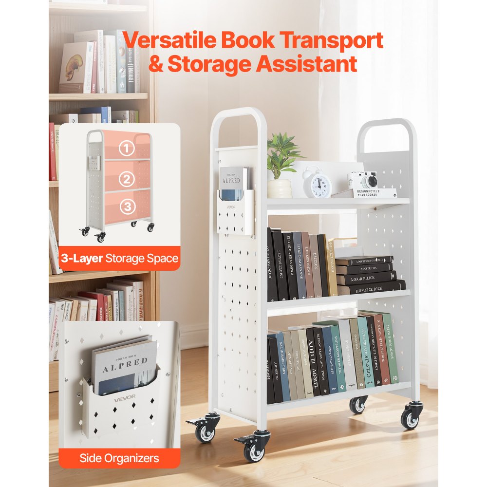 VEVOR Library Book Cart on Wheels – 3-Tier, 330 lbs