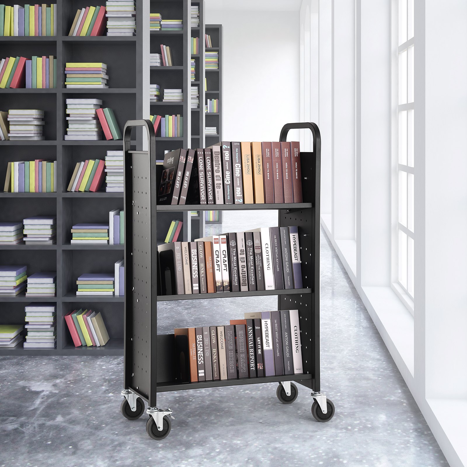 VEVOR Book Cart, 330 lbs Library Cart, 31.1" x 15.2" x 49.2" Rolling ...