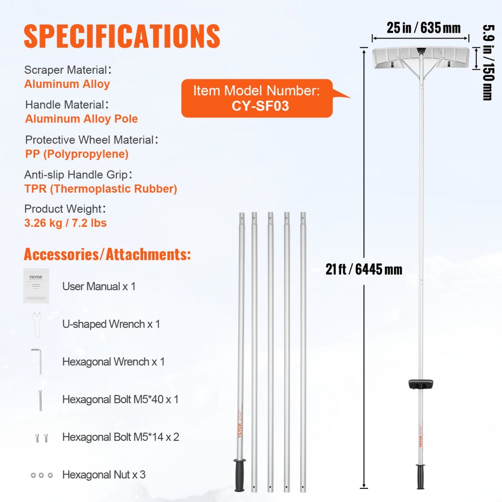 VEVOR Snow Roof Rake, 25" Blade Snow Removal Tool, 21ft Reach Aluminium ...