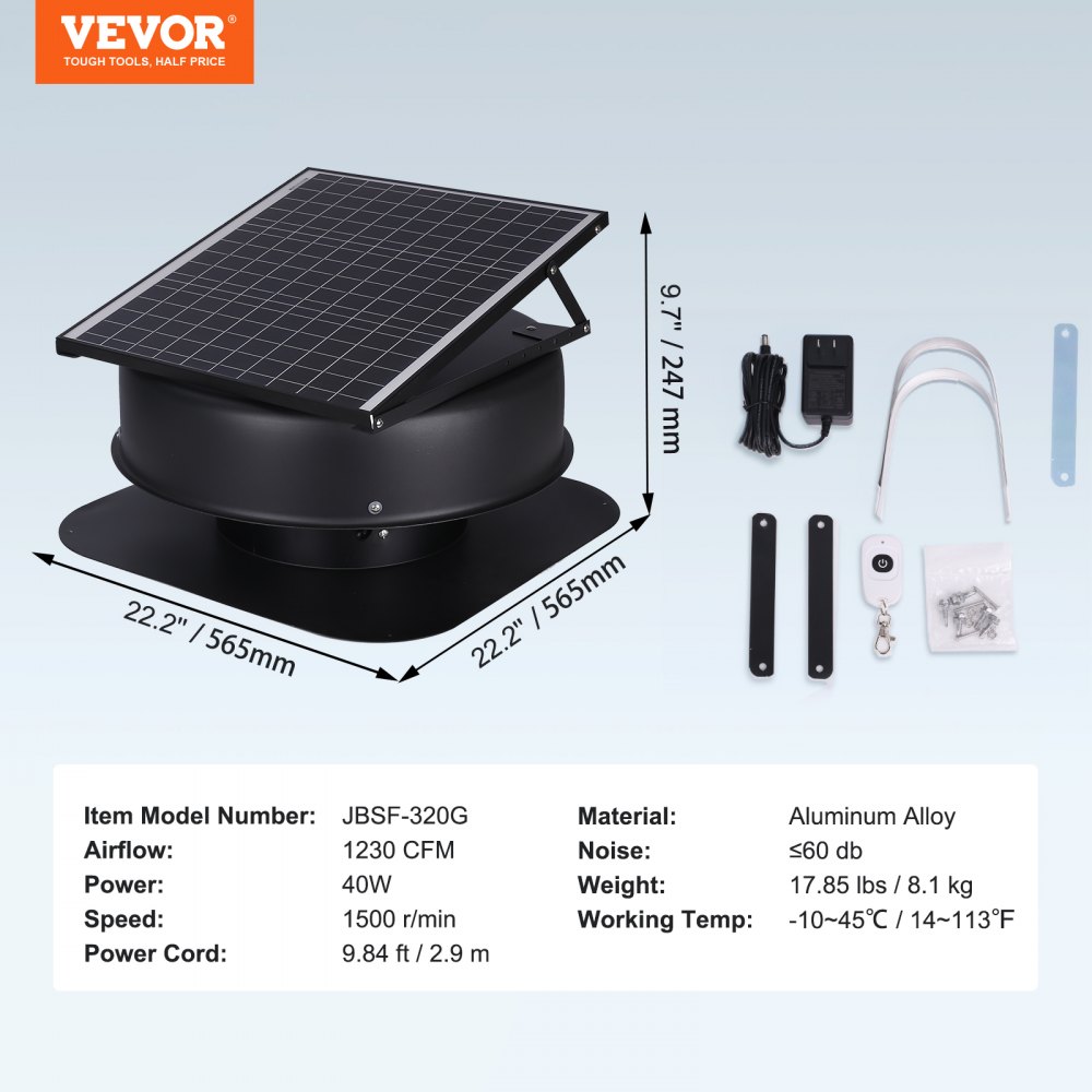 VEVOR Solar Attic Fan, 40 W, 1230 CFM Large Air Flow Solar Roof Vent ...
