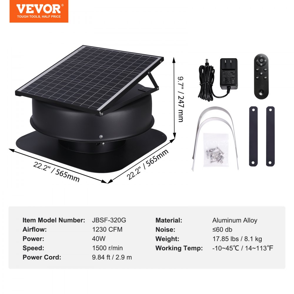 VEVOR Solar Attic Fan, 40 W, 1230 CFM Large Air Flow Solar Roof Vent ...