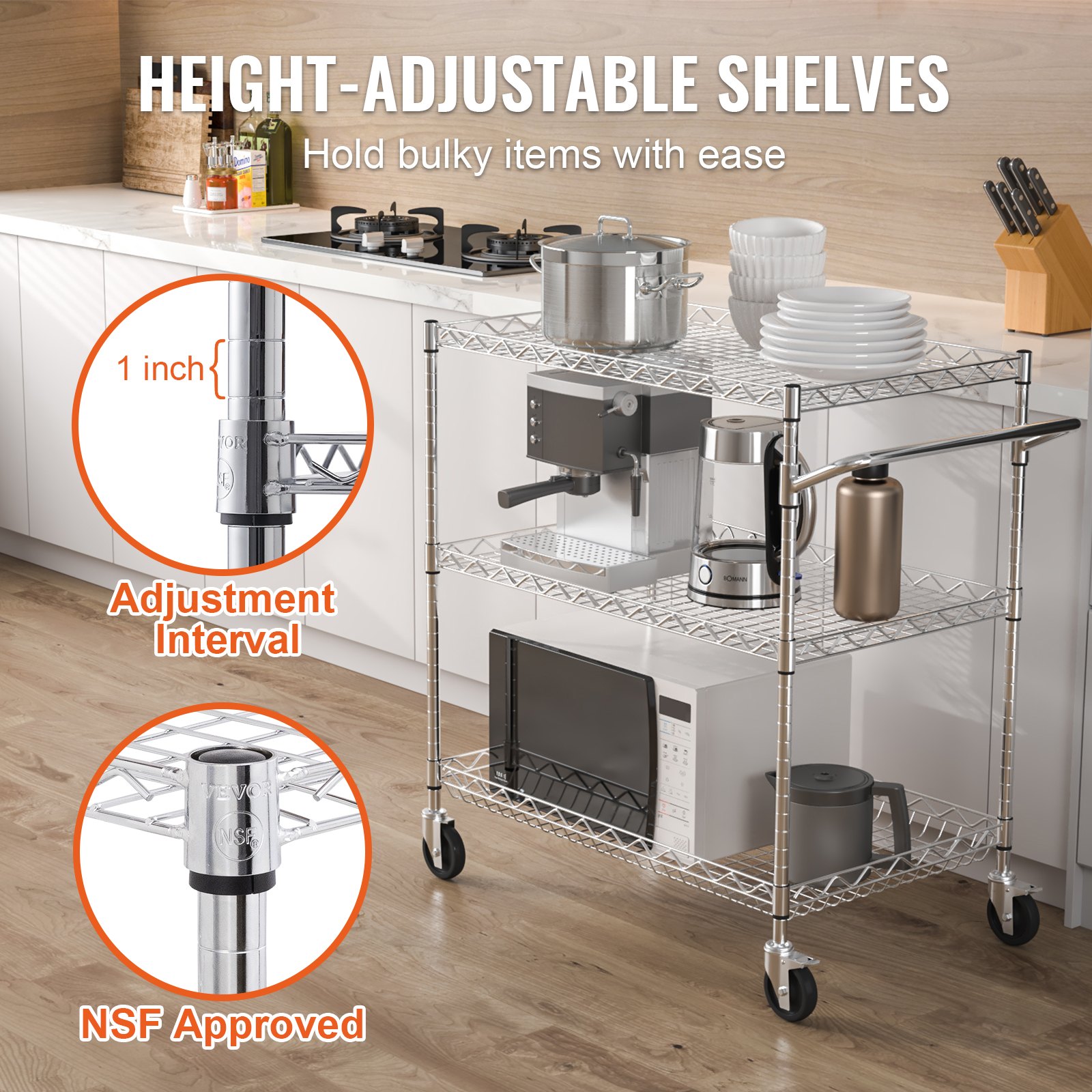 VEVOR Kitchen Utility Cart, 3 Tiers, Wire Rolling Cart with 300kg ...