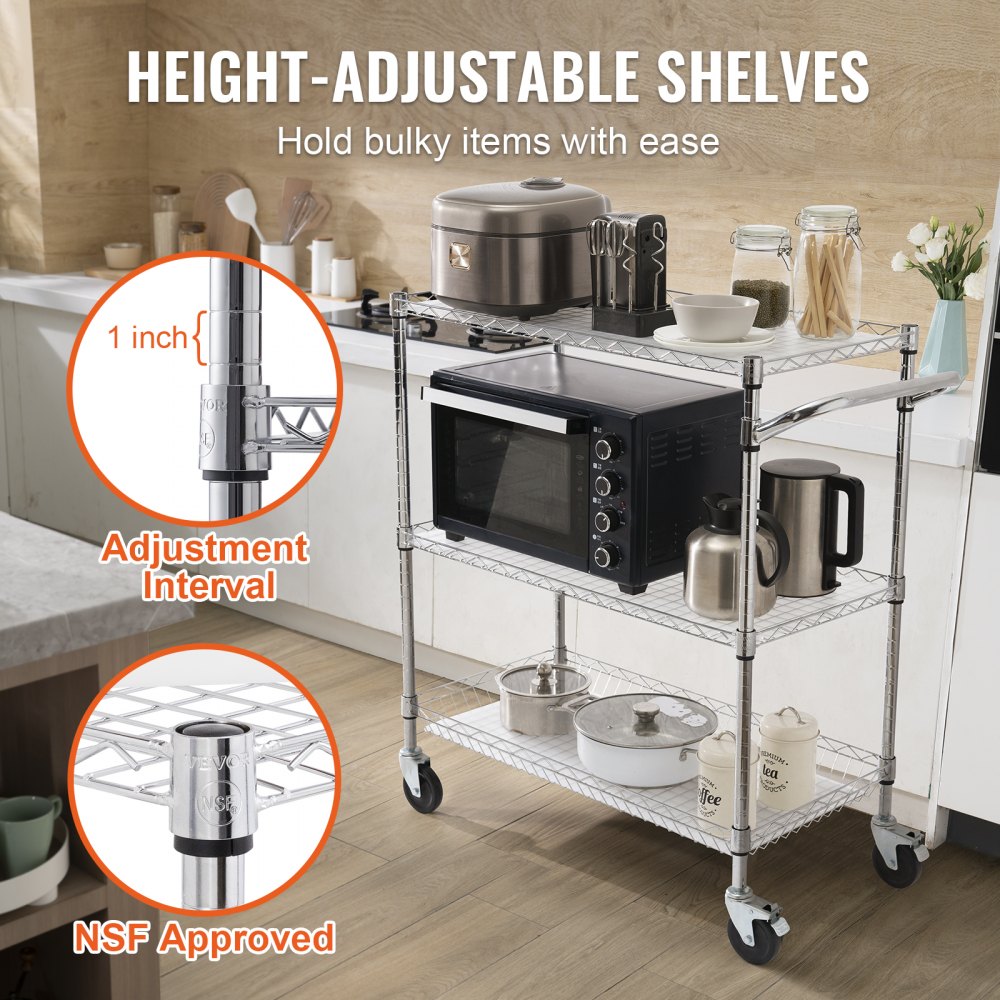 VEVOR 3-Tier Utility Cart Rolling Cart on Wheels 35"x18"x35.5" 661 LBS ...