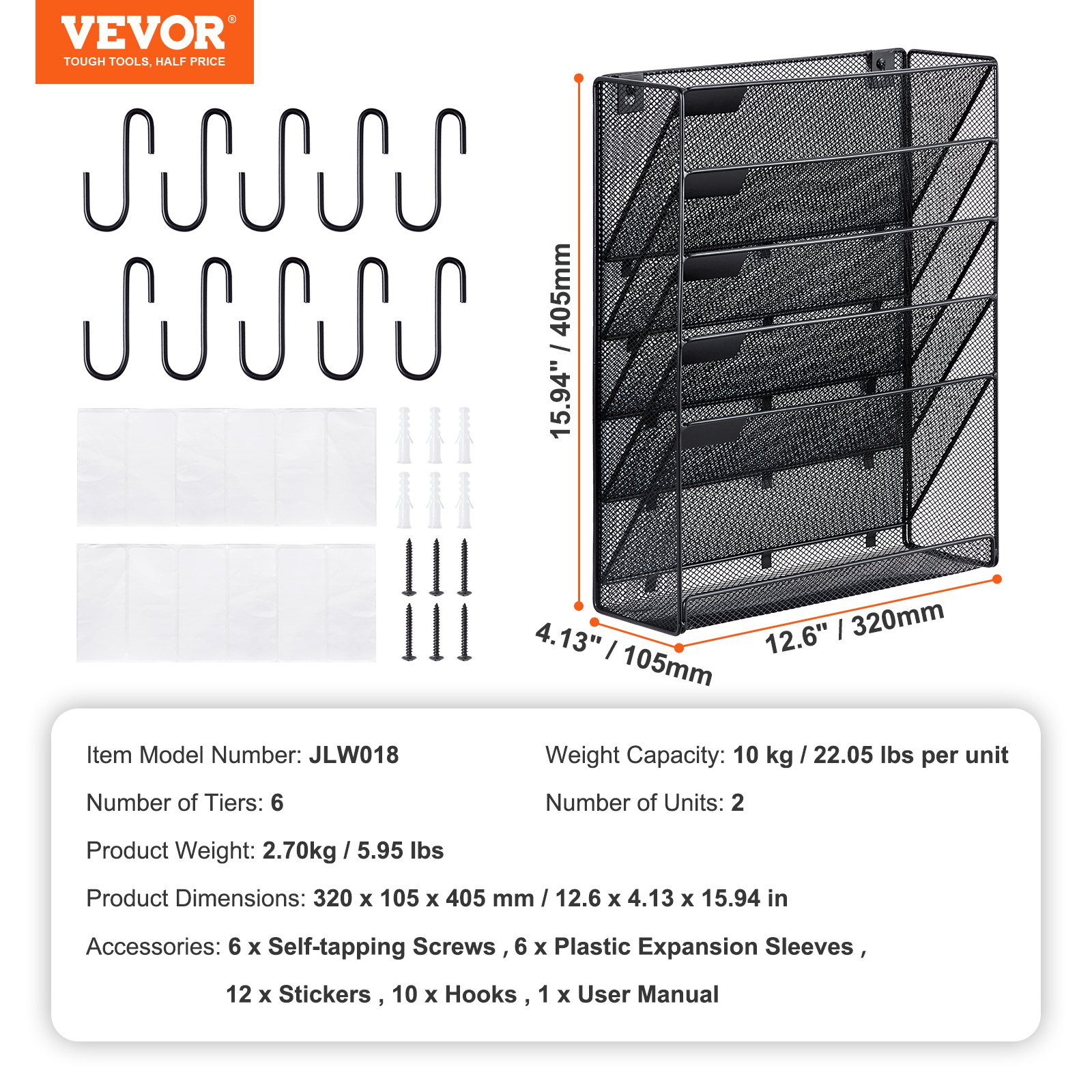 VEVOR File Wall Rack, Two-Piece 6 Pockets Mesh Wall File Holder, Wall ...