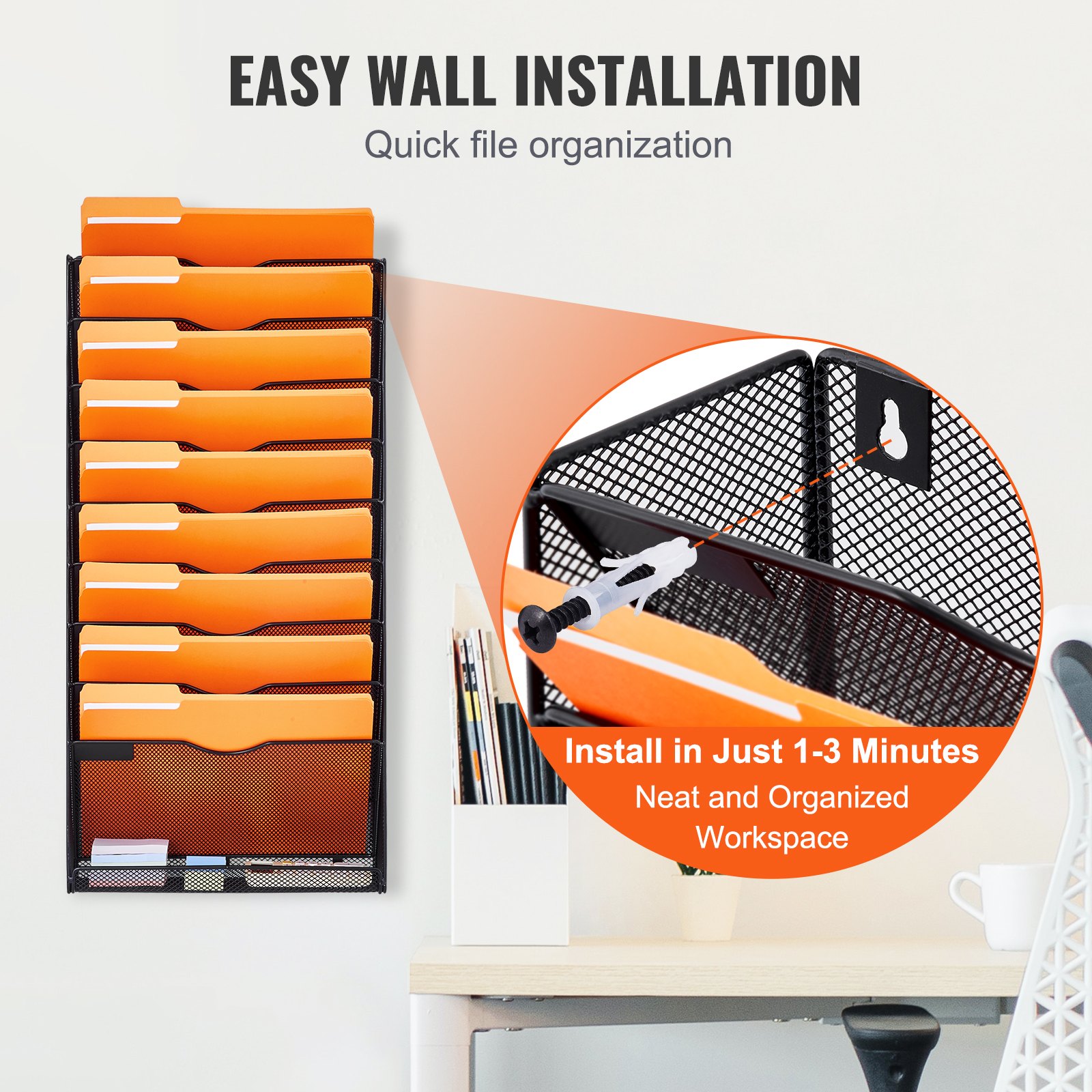 VEVOR File Wall Rack, One-Piece 10 Pockets Mesh Wall File Holder, Wall ...