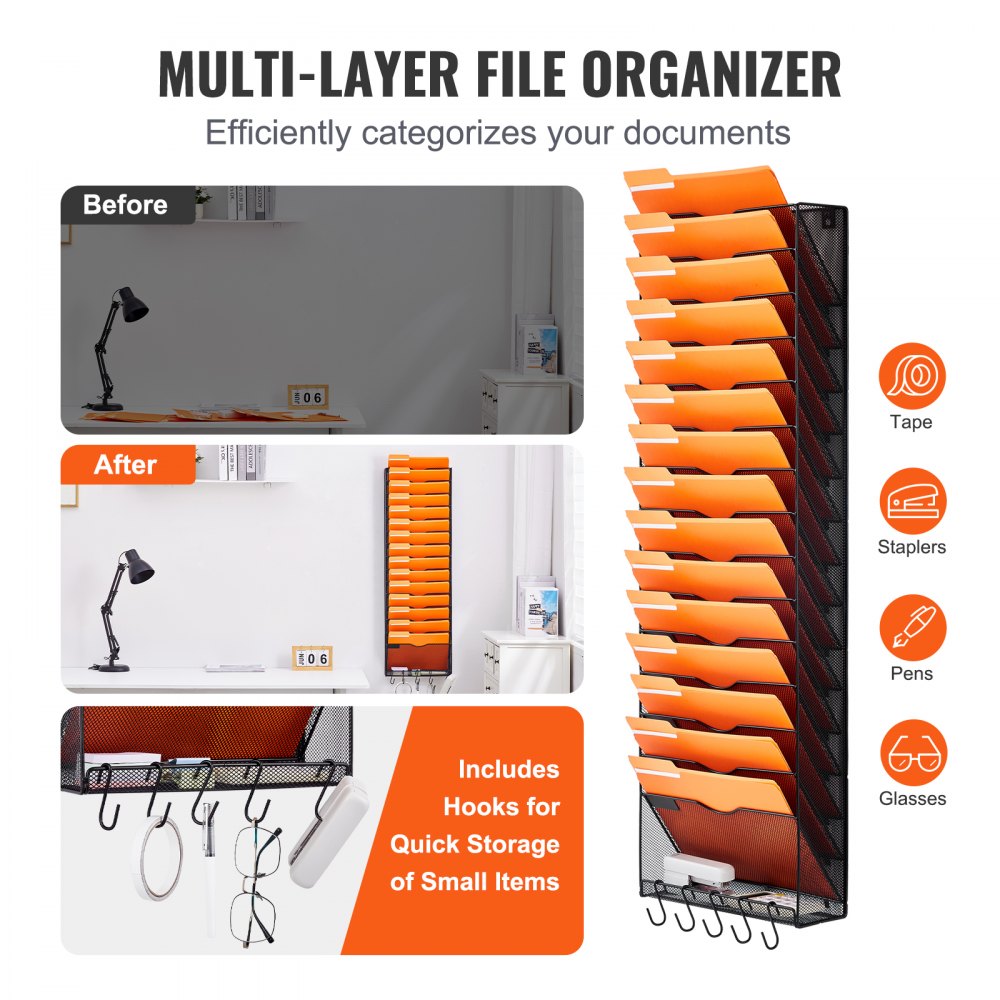 VEVOR File Wall Rack, One-Piece 16 Pockets Mesh Wall File Holder, Wall ...