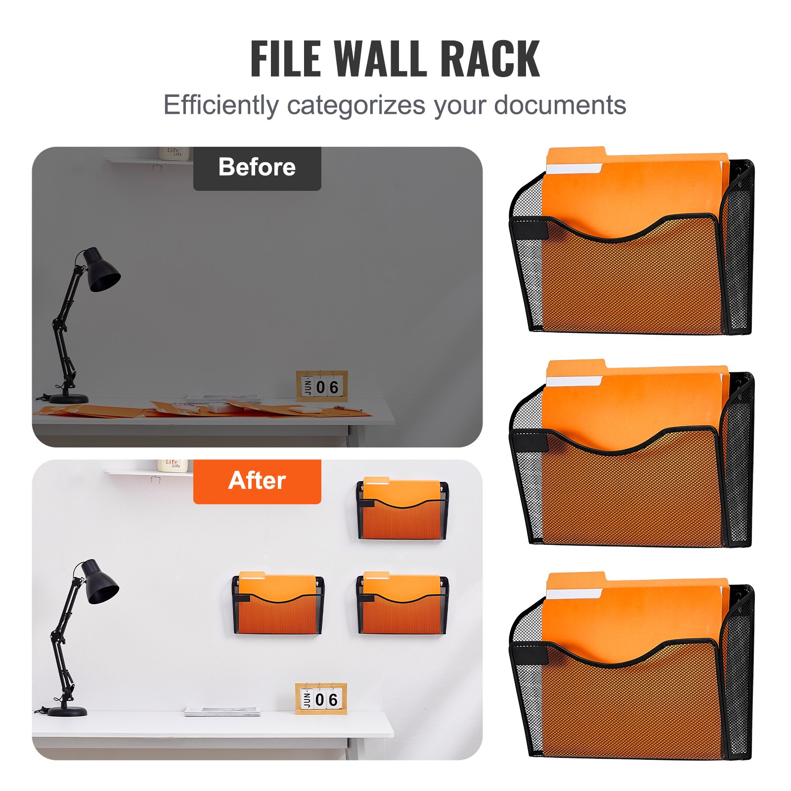 VEVOR File Wall Rack, Three-Piece 1 Pocket Mesh Wall File Holder, Wall ...