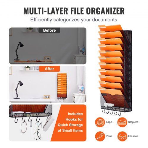 VEVOR File Wall Rack, One-Piece 12 Pockets Mesh Wall File Holder, Wall ...
