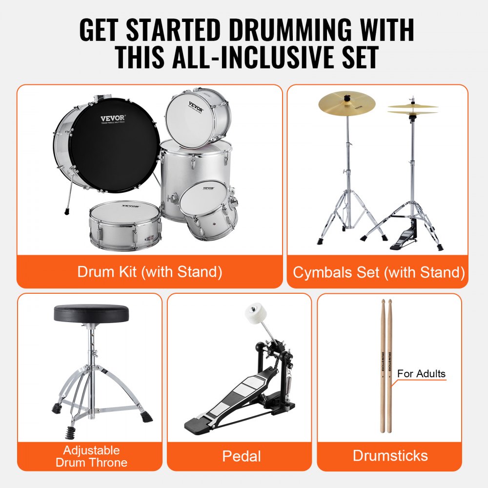 VEVOR Adult Drum Set, 5-Piece, 22 inches Complete Full Size Drum Kit ...