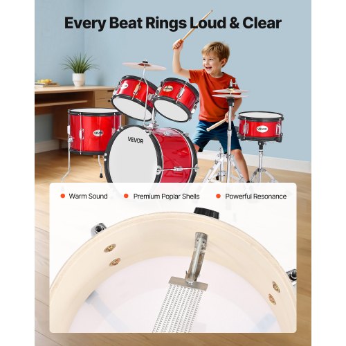Kids Drum Set 5-Piece Junior Musical Drum Kit with 16 in Bass Drum (Red ...