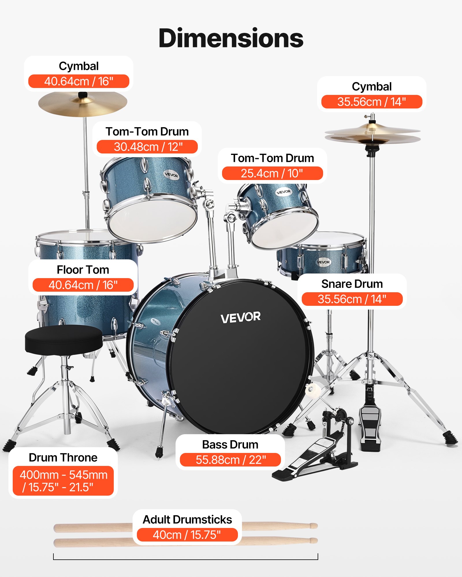 VEVOR Drum Set, 5-Piece 558.8 mm Junior Drum Sets, Beginner Drums Set ...