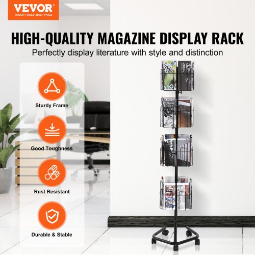 VEVOR Brochure Display Rack, 4-Tier 32 Pockets Rotating Magazine ...