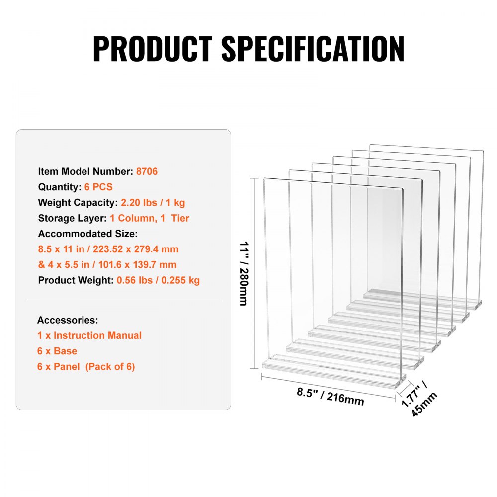 VEVOR Acrylic Sign Holder, 6 Pack 8.5 x 11-inch Brochure Display ...