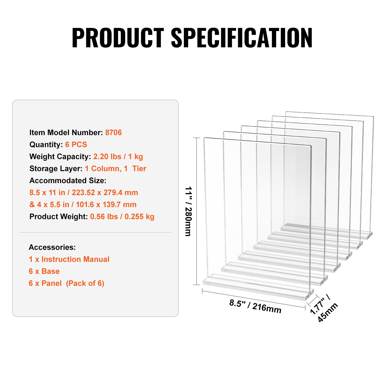VEVOR Acrylic Sign Holder, 6 Pack 8.5 x 11-inch Brochure Display ...