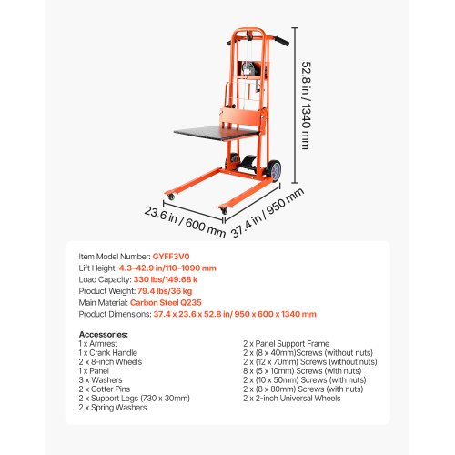 Material Lift Winch Stacker 330 lbs Capacity Pallet Truck Dolly 42.9 in ...