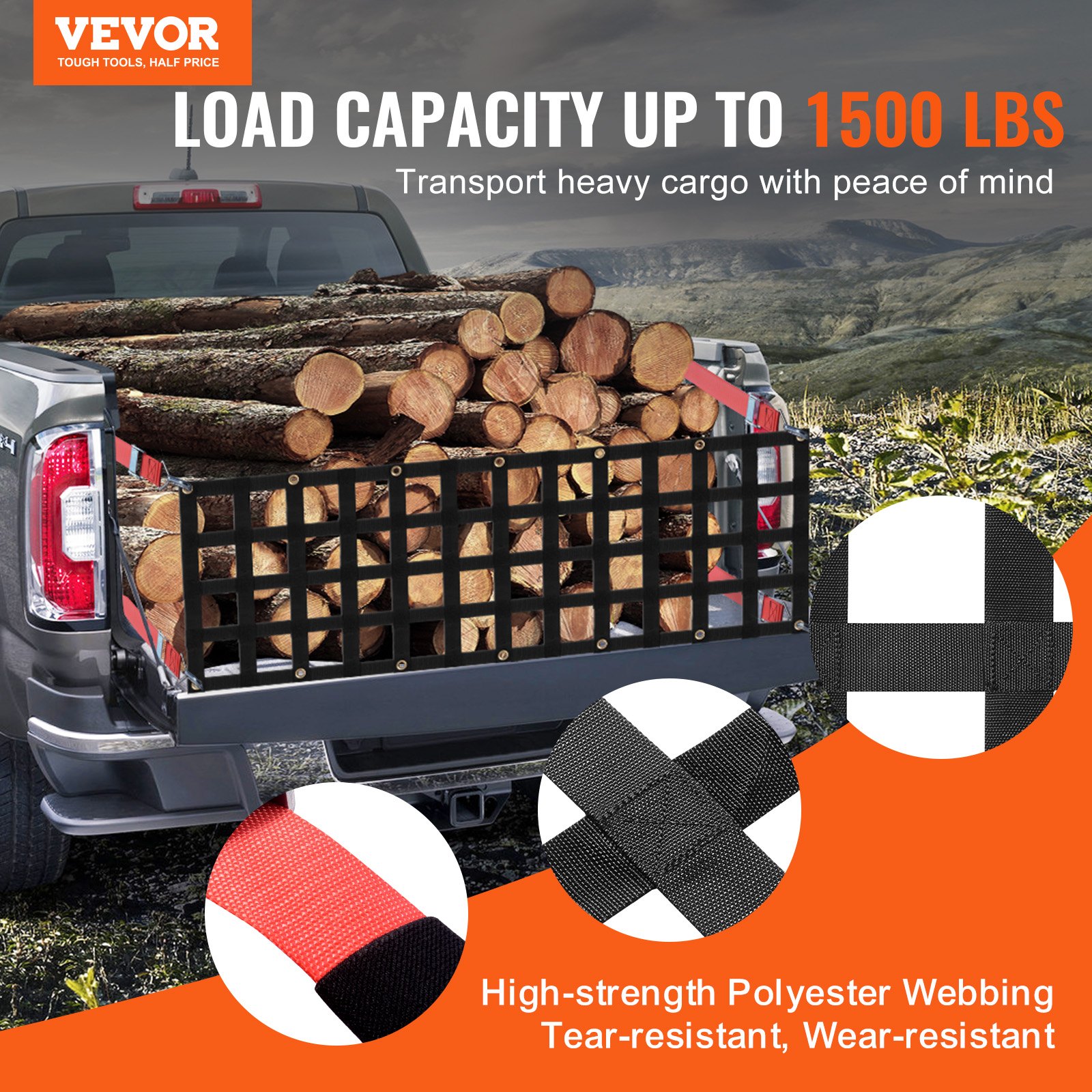 VEVOR Tailgate Cargo Net - 54” × 18”, 4 Adjustable Telescopic Straps