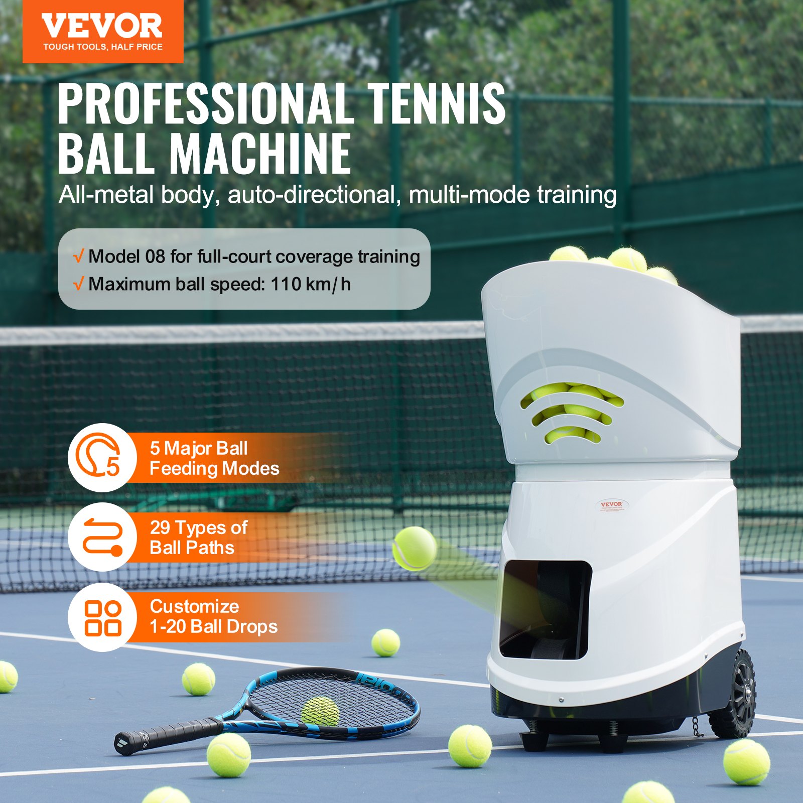 VEVOR Tennis Ball Machine, Automatic Portable Tennis Ball Launcher, 150 ...