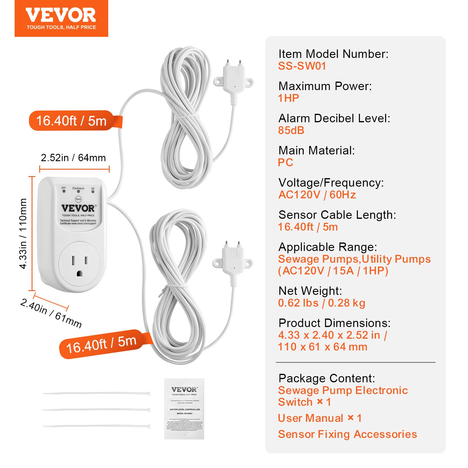 VEVOR Sump Pump Alarm, Indoor/Outdoor High Water Septic Tank Alarm With ...