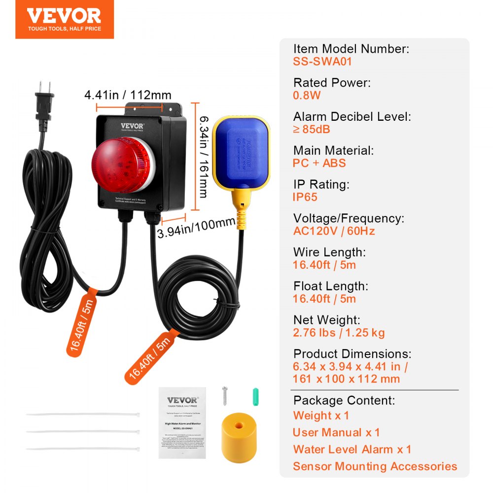 VEVOR Sump Pump Alarm With 16.4ft Level Float Switch Loud Alarm LED ...