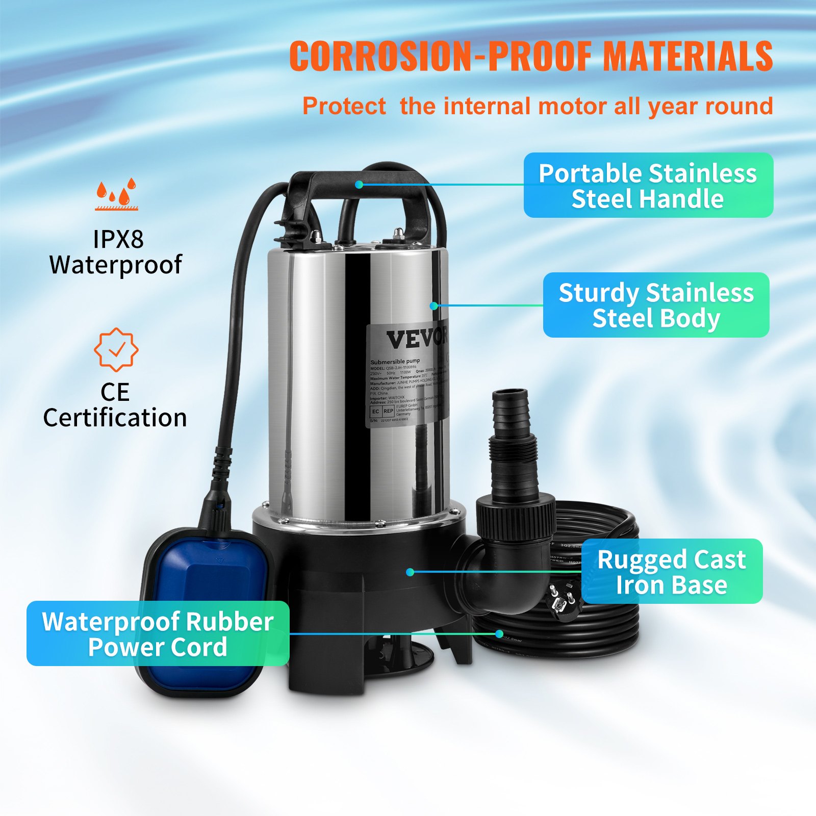VEVOR Submersible Water Pump, 1100W 20000L/H, w/ 10 m Cord and ...