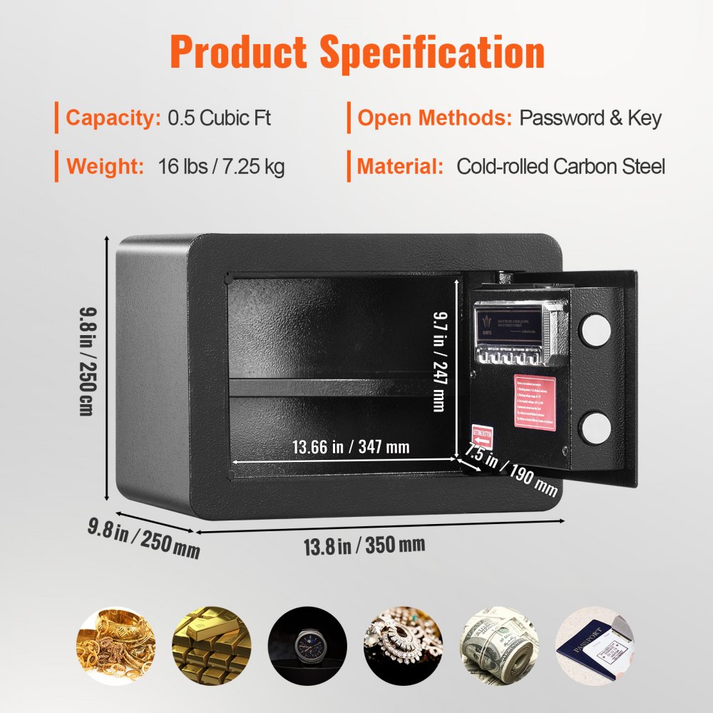 VEVOR Safe 0.5 Cubic Feet Home Safe Steel for Cash Gold 13.8 x 9.8 x 9. ...