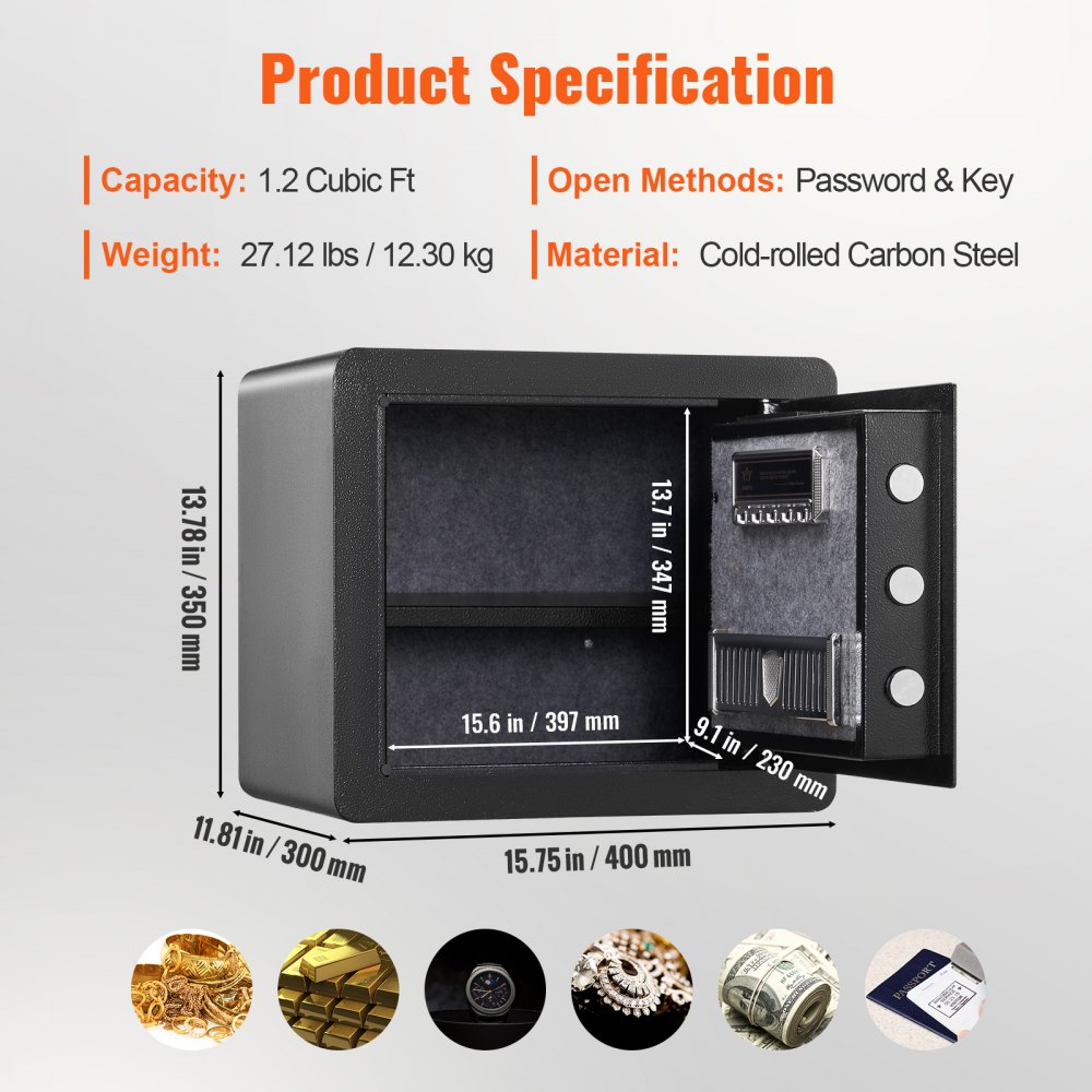 VEVOR Safe 1.2 Cubic Feet Home Safe Steel for Cash Gold 15.8x11.8x13.8 ...