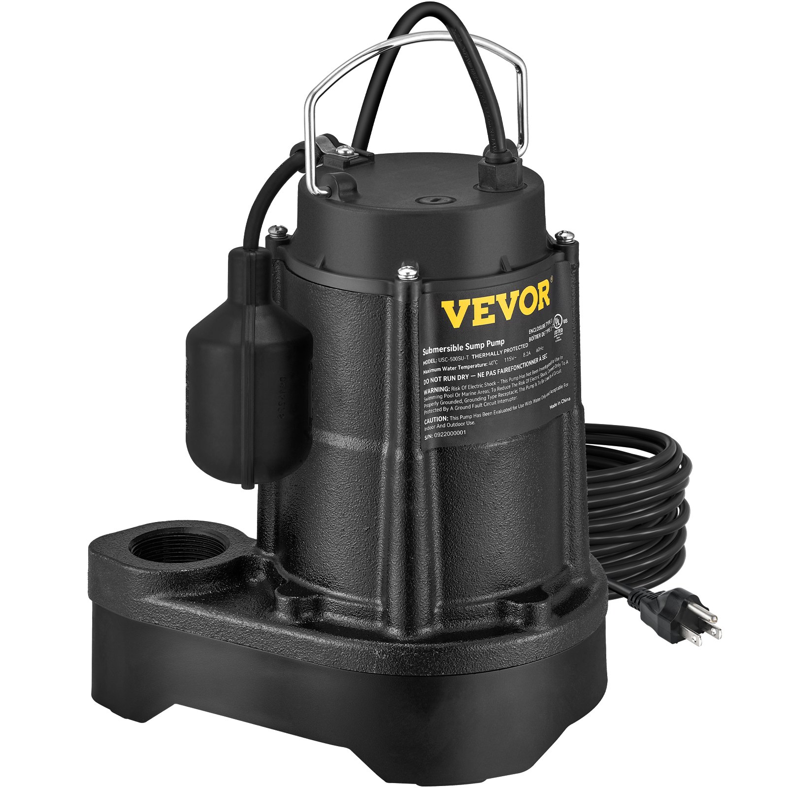 VEVOR Sump Pump, 1/2 HP 3960 GPH, Submersible Cast Iron Water Pump, 1-1 ...
