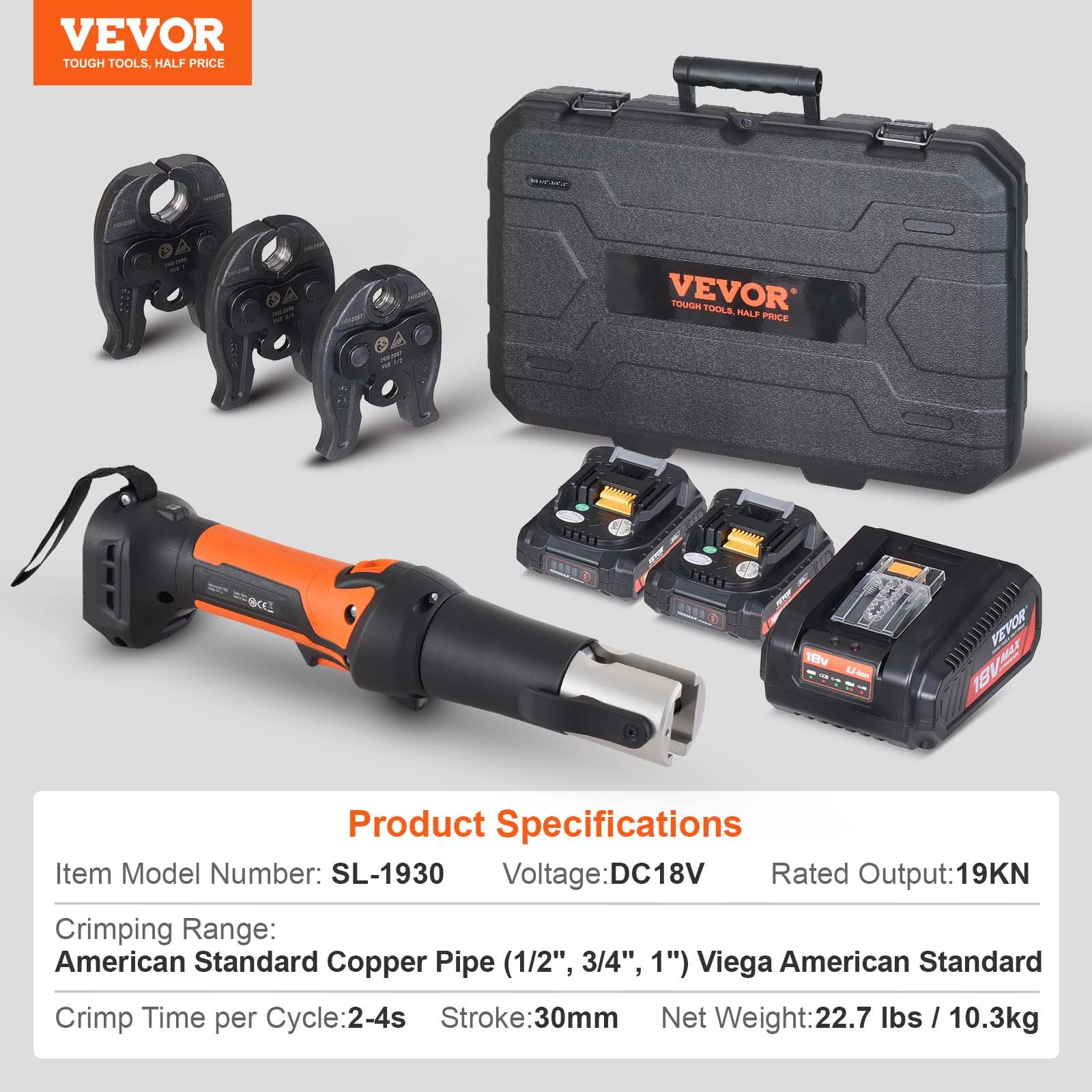 VEVOR Pro Press Tool Pipe Crimping Kit Press Tool Battery Kit 1/2" 3/4 ...
