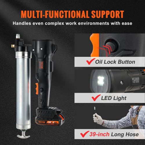 VEVOR Cordless Grease Gun, 82.74Mpa, 990 mm Long Hose, Electric Grease ...