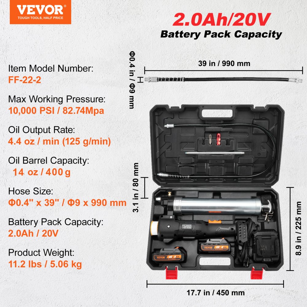 VEVOR Cordless Grease Gun, 20-Volt, 10,000 PSI, 39" Long Hose, Electric ...