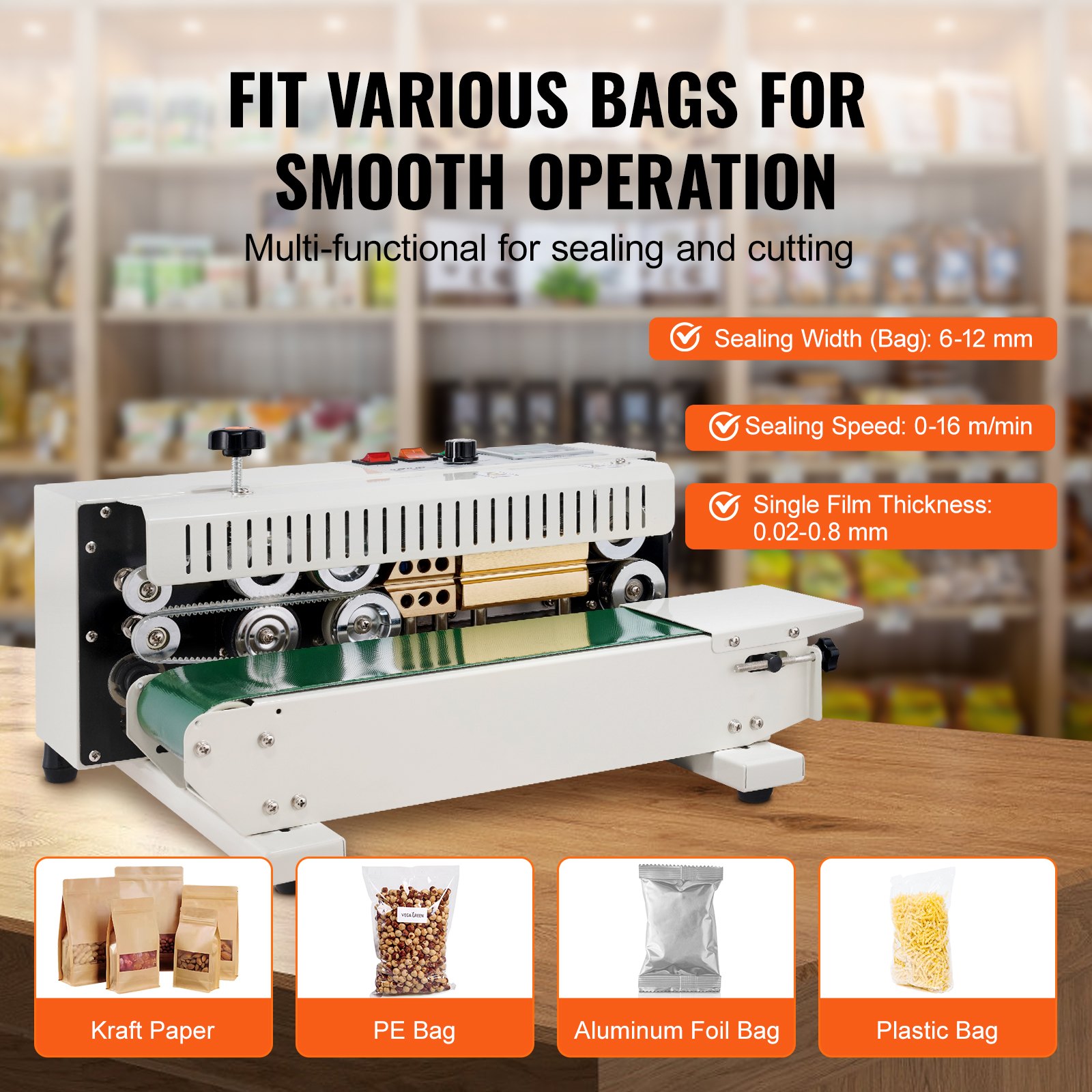 VEVOR Continuous Bag Band Sealing Machine Horizontal Band Sealer Carbon ...