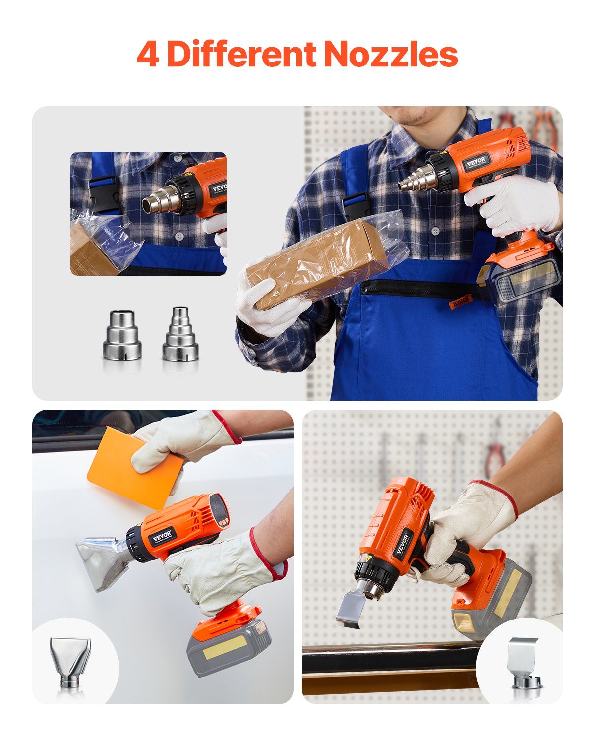 VEVOR Cordless Heat Gun – 400W LCD Display, 4 Nozzles