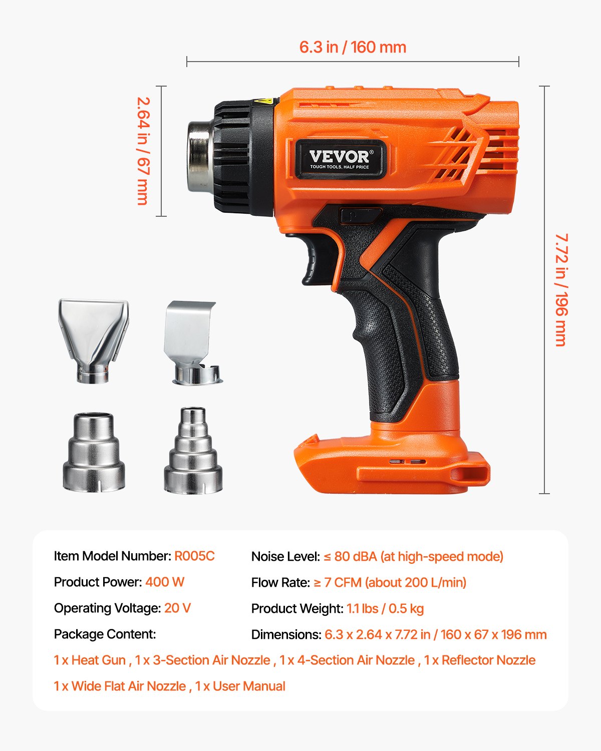 VEVOR Cordless Heat Gun – 400W LCD Display, 4 Nozzles