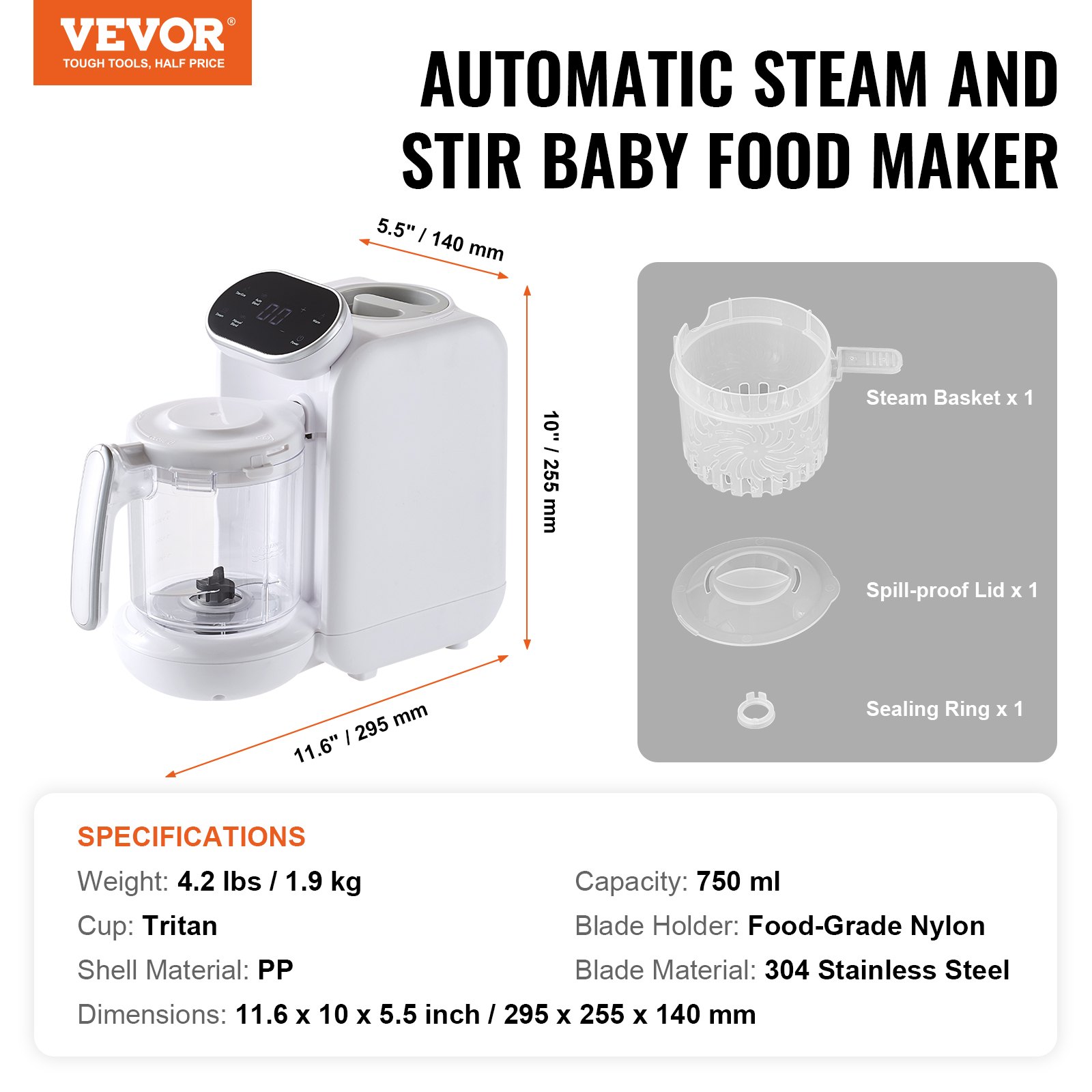 VEVOR Baby Food Maker, 430W Baby Food Processor with 750 ml Tritan Bowl ...